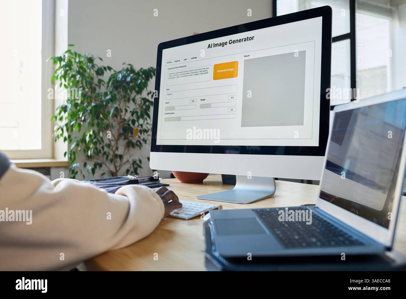 Desktop computer screen with AI image generator standing next to laptop ...