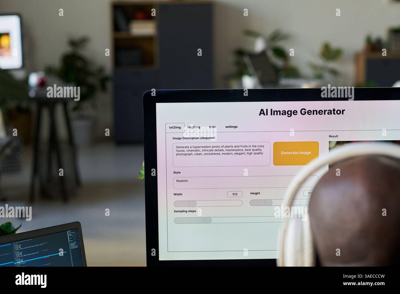 Image generator on screen of desktop computer standing in front of ...