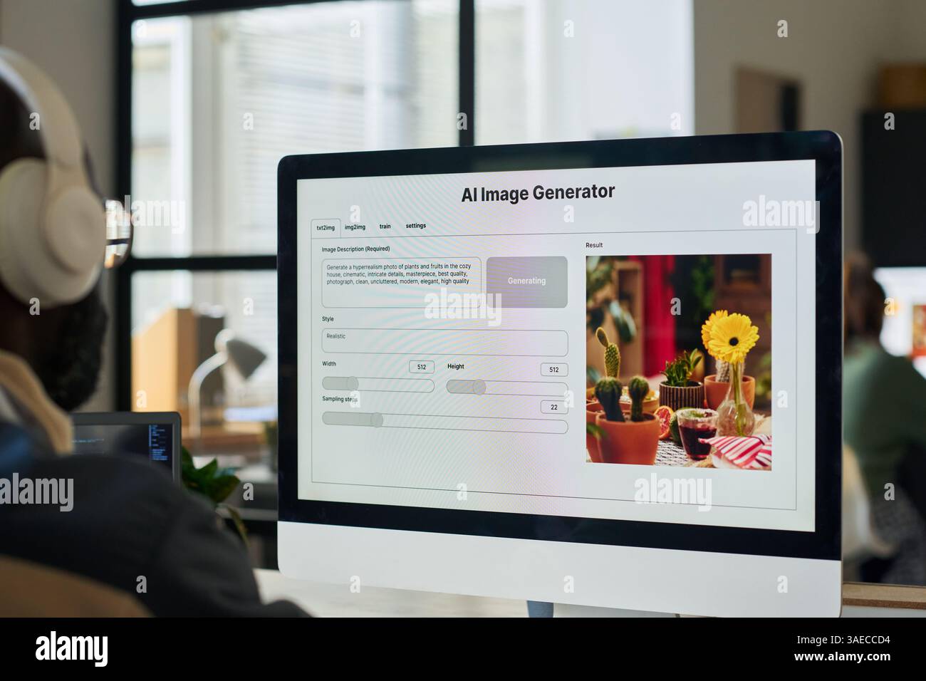 Focus on desktop computer screen with AI image generator standing on ...