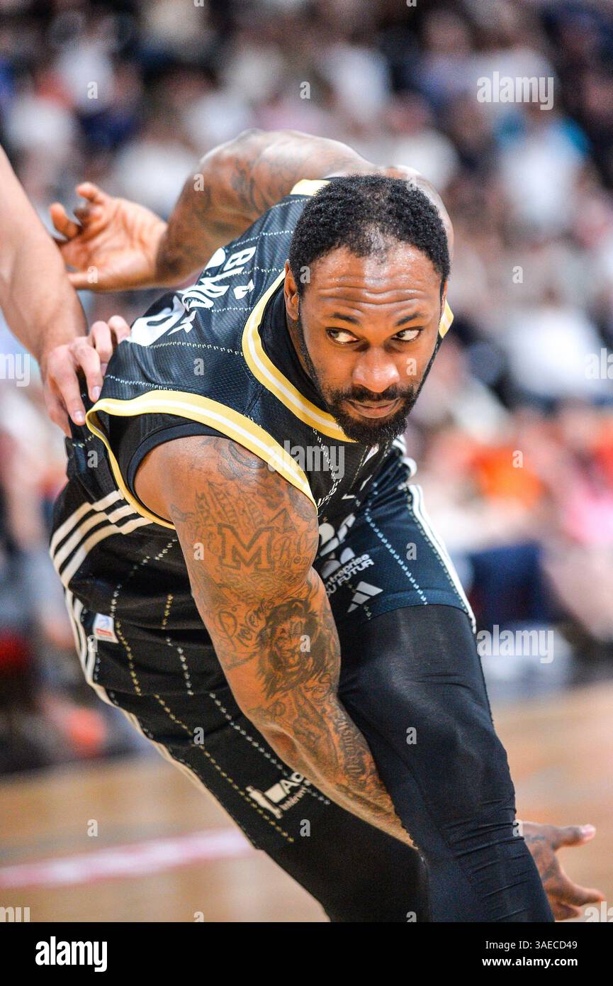 Tarik Black of LDLC ASVEL scoring with a dunk during the French ...