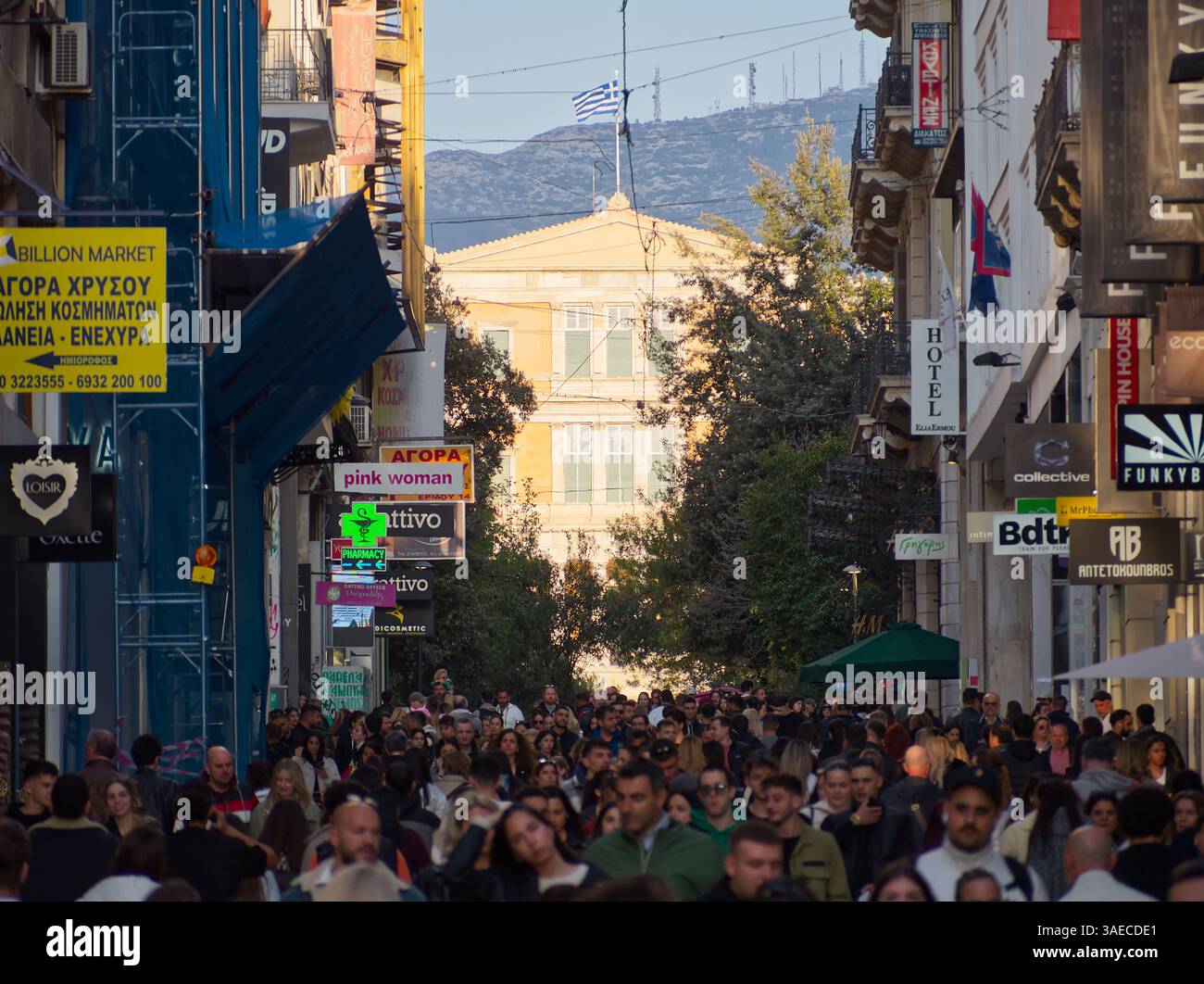 Athens, Greece - April 5, 2025: Crowded Ermou street with shops and ...