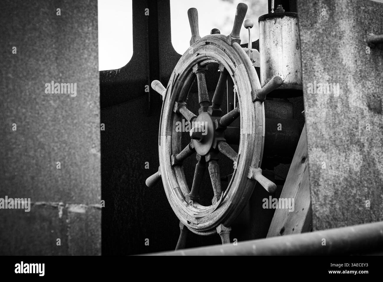 Steering wheel in an old tug Stock Photo - Alamy