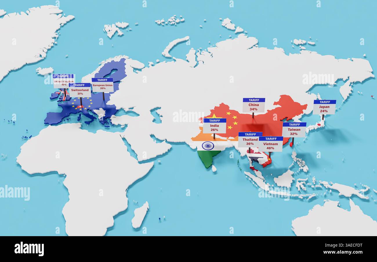 "Liberation Day" Tariffs by the United States concept. Several affected ...