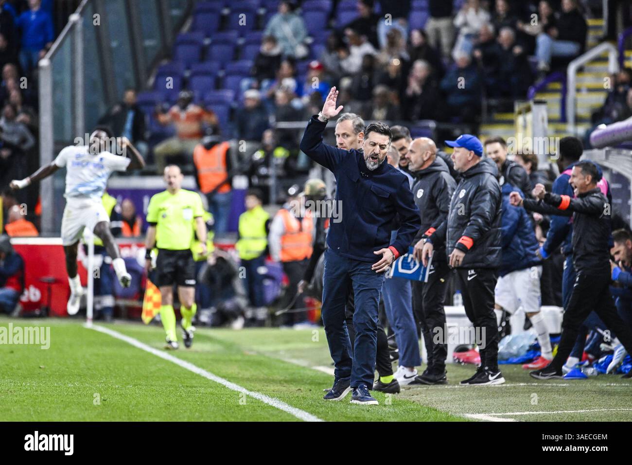 Brussels, Belgium. 06th Apr, 2025. Anderlecht's head coach Besnik Hasi looks dejected after ...
