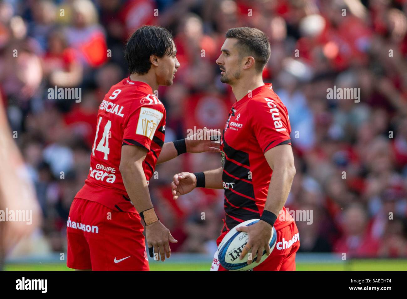 Toulouse, France. 06th Apr, 2025. Ange Capuozzo and Thomas Ramos of ...