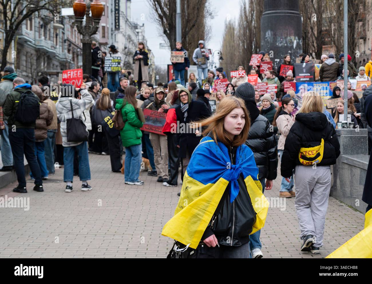 Kyiv, Ukraine - 6th April, 2025: People gather for the Free Azov Rally ...