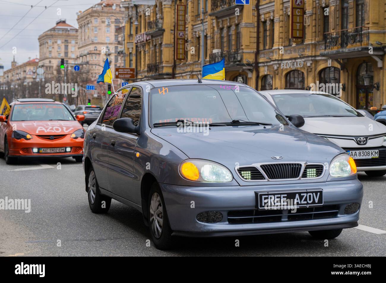 Kyiv, Ukraine - 6th April, 2025: Cars adorned with banners proclaiming ...