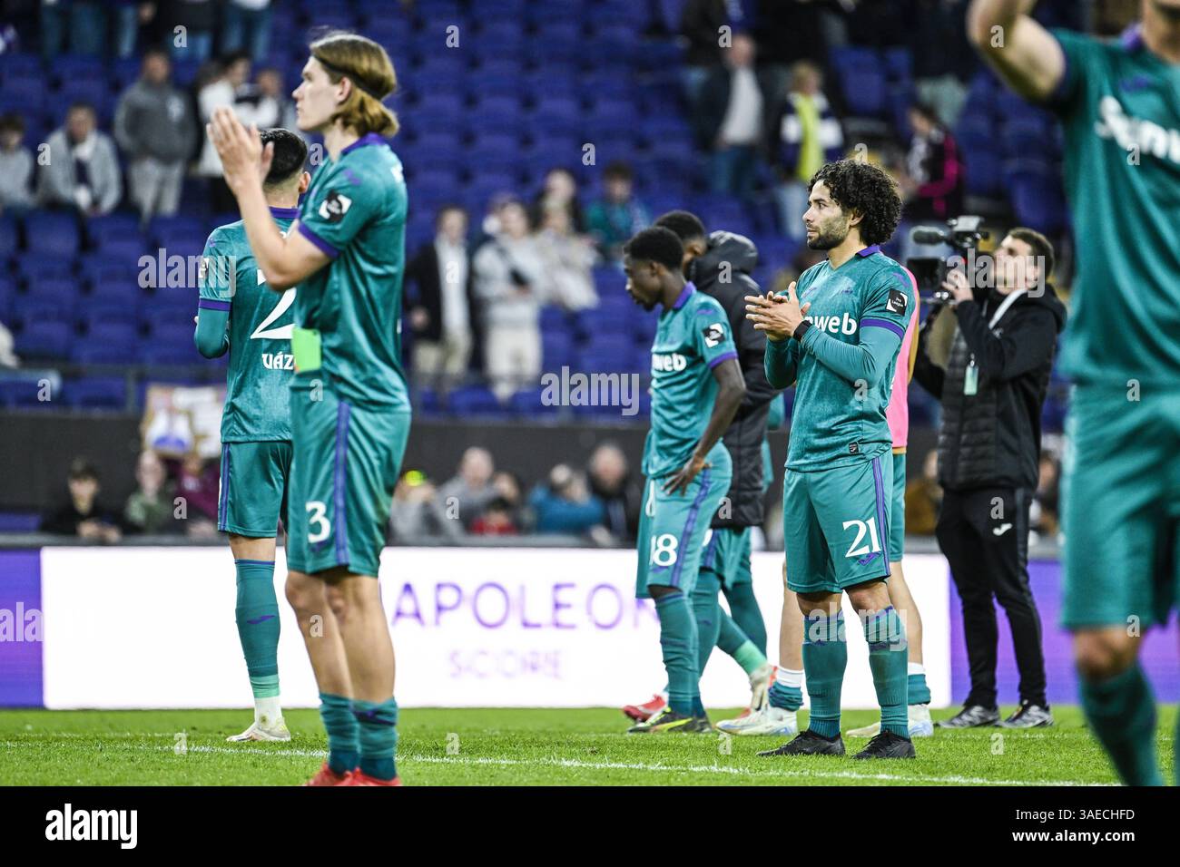Brussels, Belgium. 06th Apr, 2025. Anderlecht's Cesar Huerta looks dejected after losing a ...