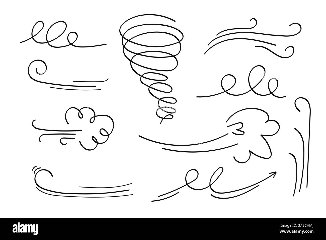 A collection of hand-drawn wind doodles in line art style, featuring ...