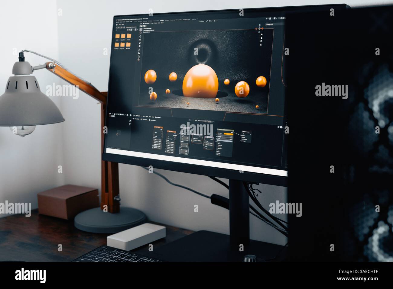 Modern home office with PC workstation and 3D modeling software displayed on screen. Equipped ...