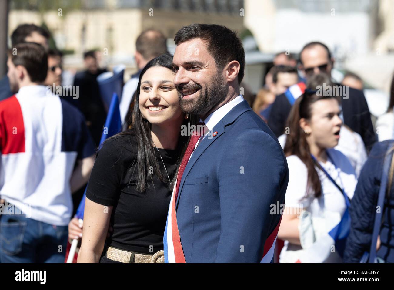 Paris, France. 06th Apr, 2025. RN MP Julien Odoul attend a rally in ...