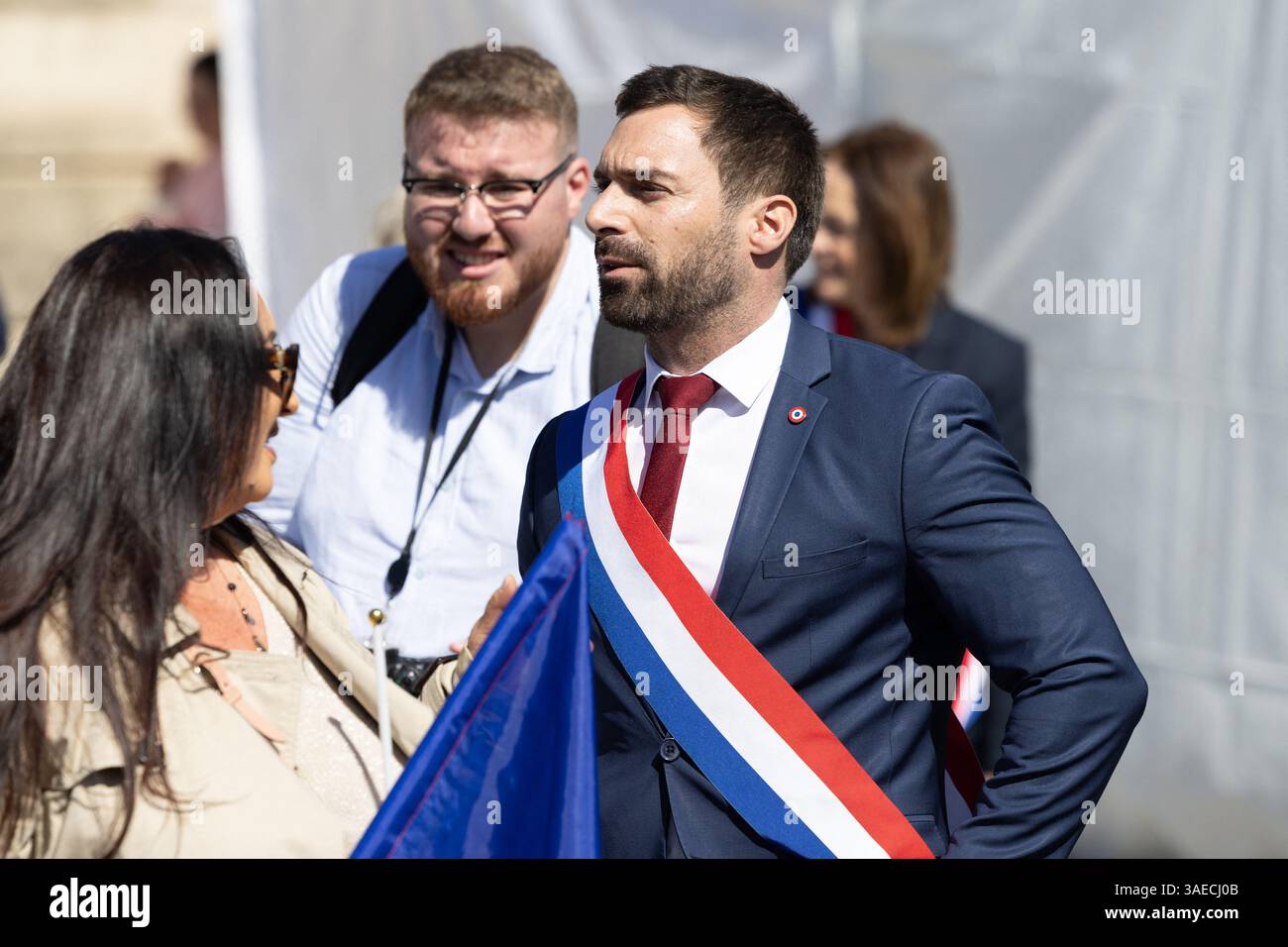 Paris, France. 06th Apr, 2025. RN MP Julien Odoul attend a rally in ...