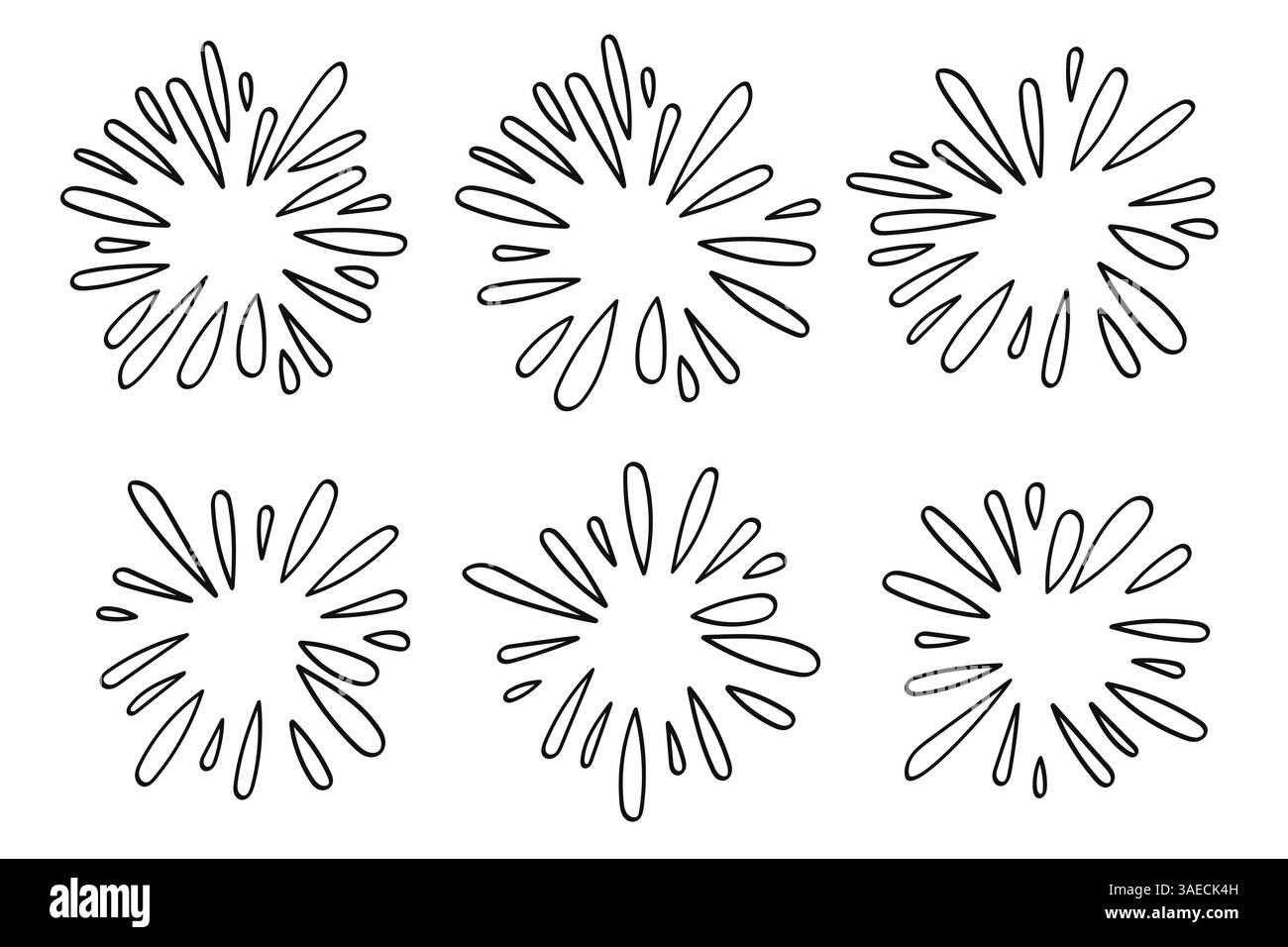 A collection of abstract hand-drawn firework illustrations in black ...