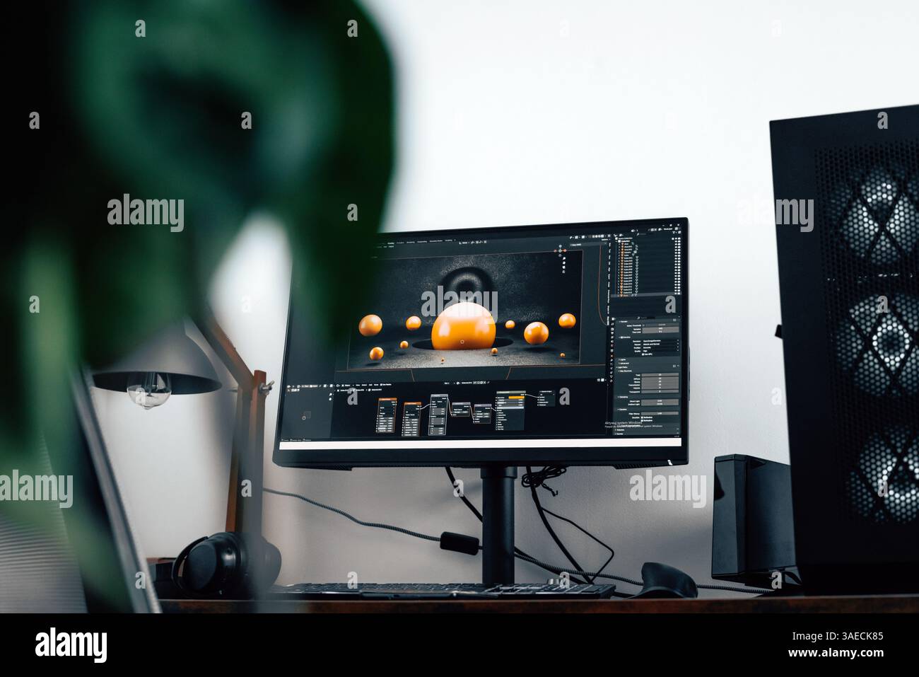 Modern home office with PC workstation and 3D modeling software ...