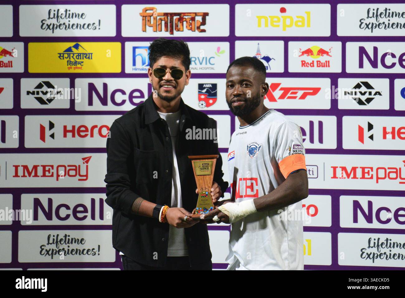 Kathmandu, Bagmati, Nepal. 6th Apr, 2025. TORRIC JEBRIN of FC Chitwan receives the ''Most ...