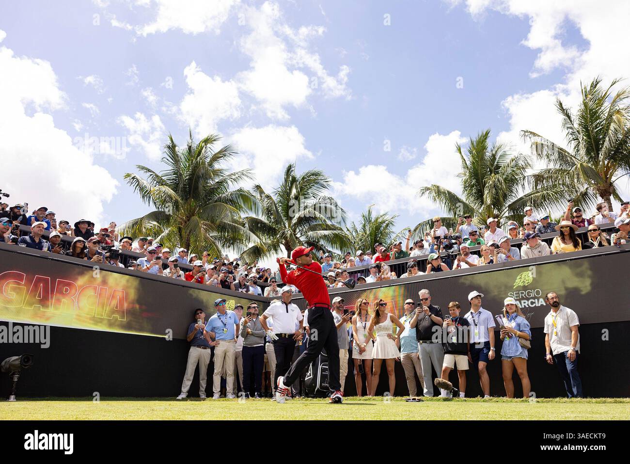Captain Sergio Garcia of Fireballs GC hits his shot from the first tee ...