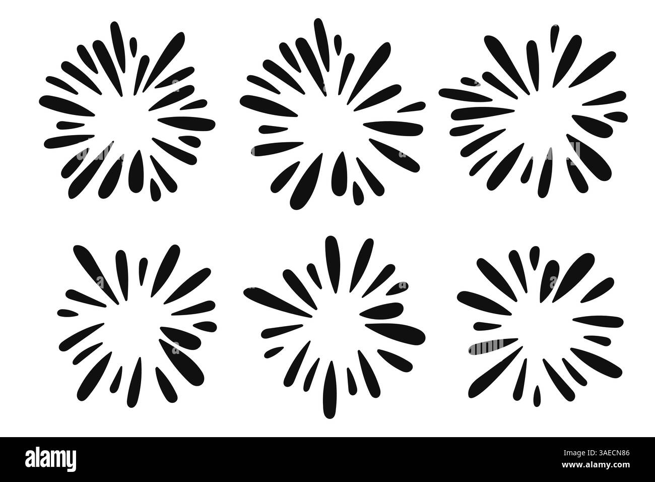 A collection of silhouette firework illustrations in black line art ...