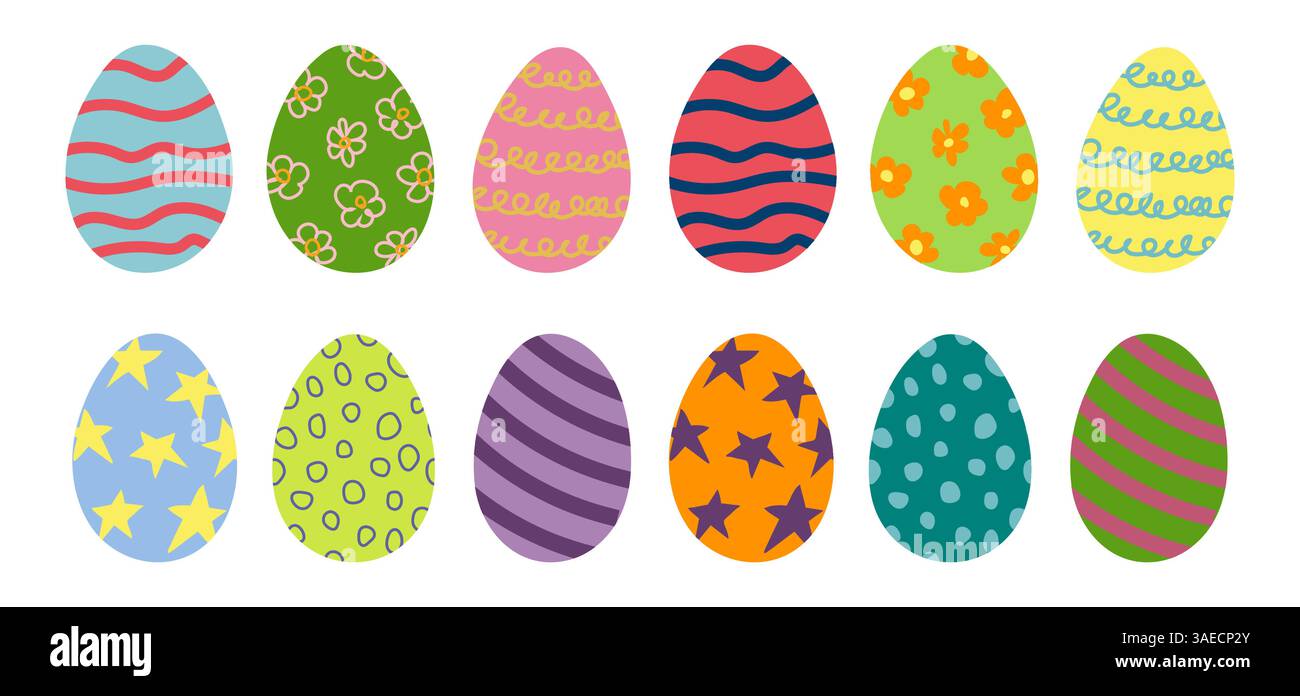 A set of twelve vibrant Easter eggs with unique patterns, including ...