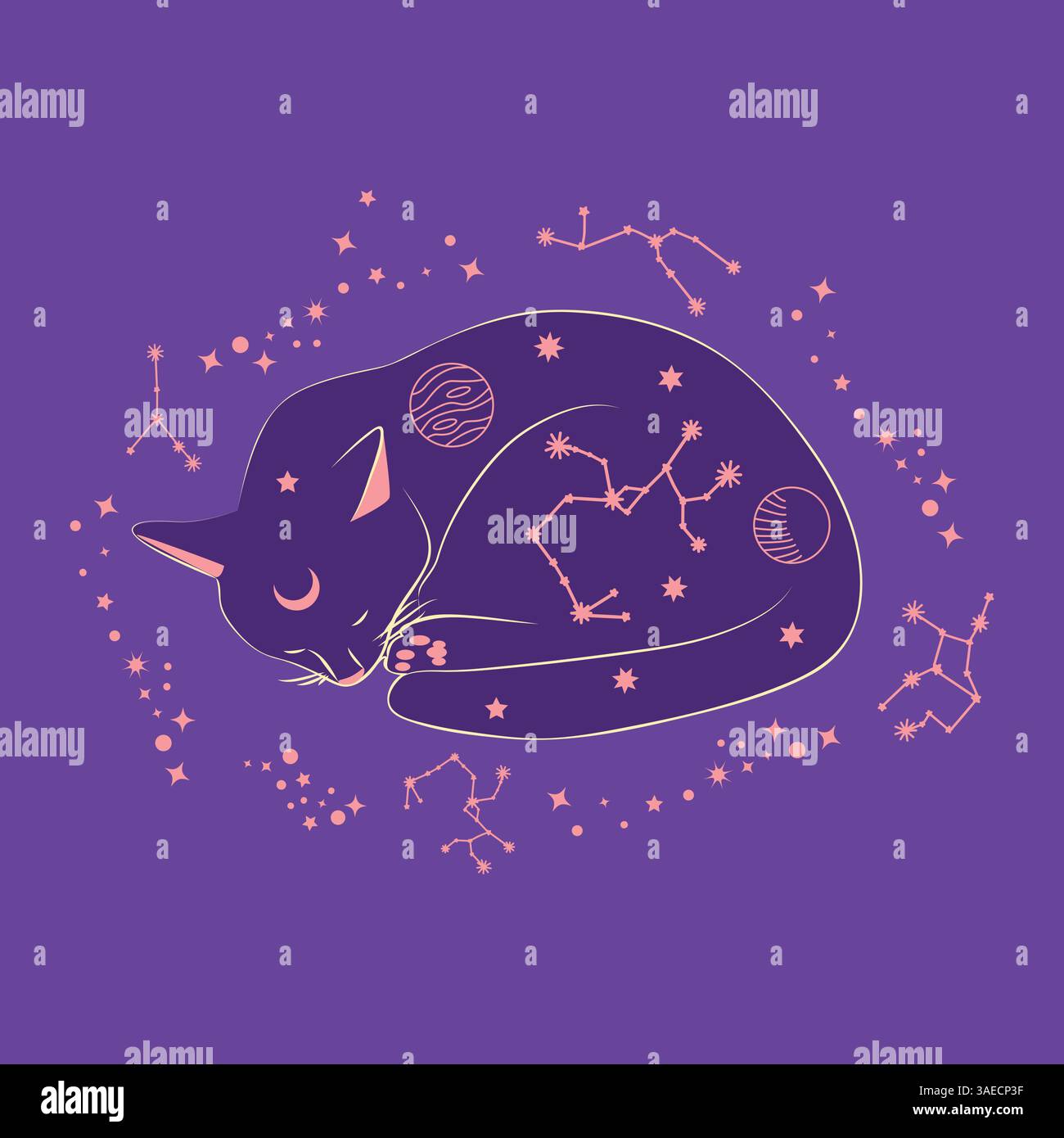 Mystical cat in boho style surrounded by stars, zodiac signs, balls ...