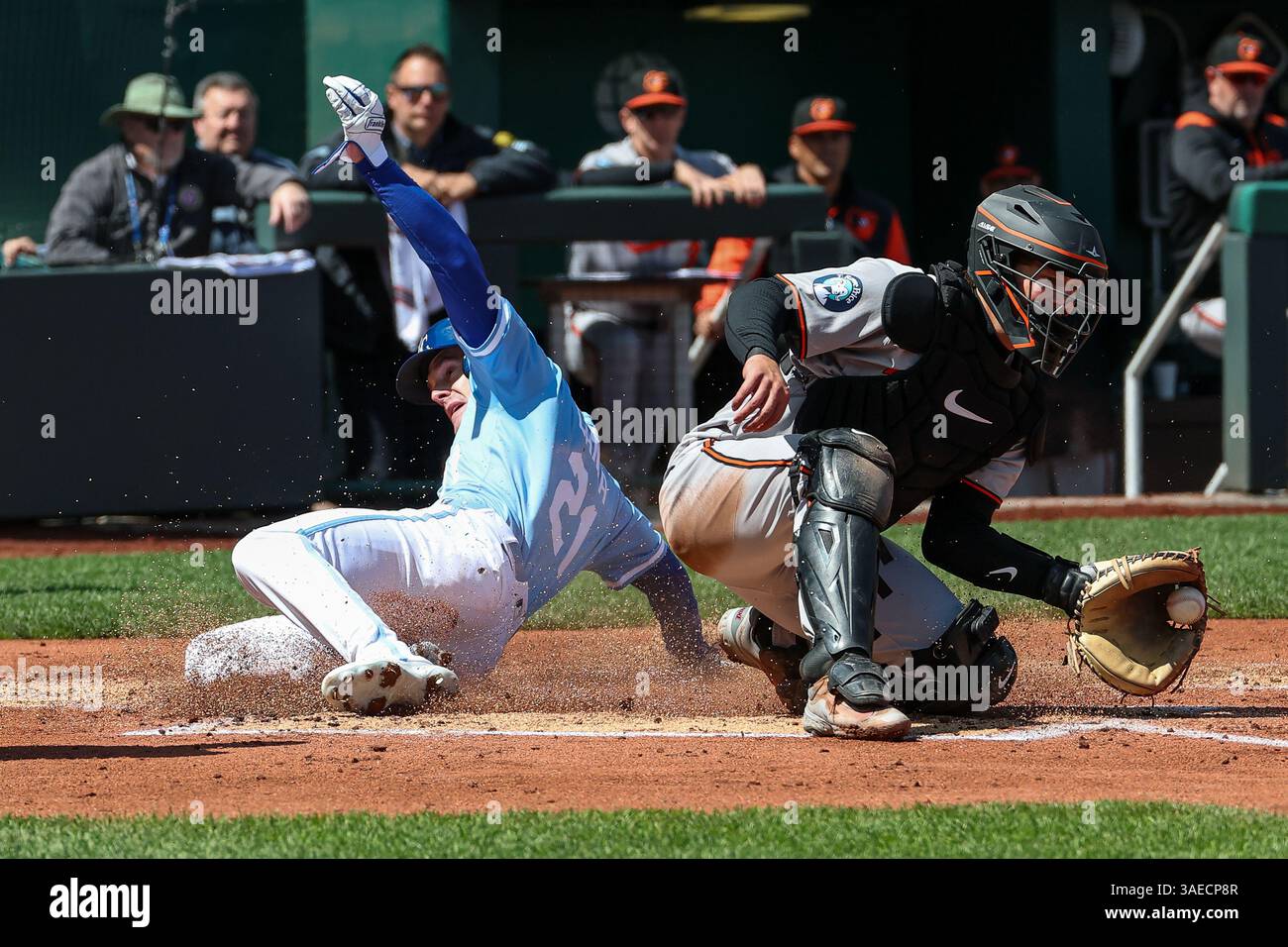 April 6, 2025: Kansas City Royals left fielder Mark Canha (21) slides ...