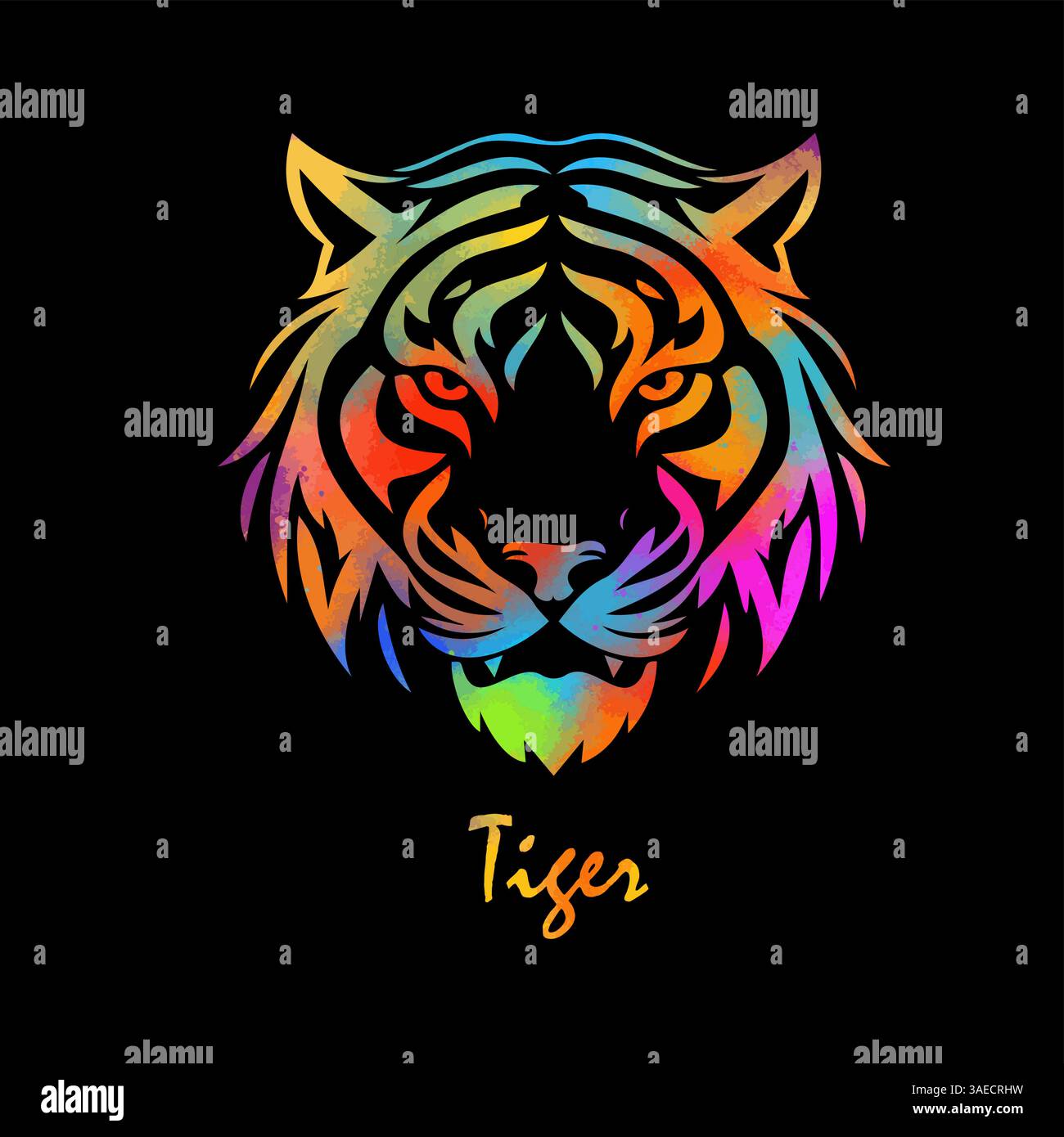 Tiger colored head on black background. hand drawing. Not AI, Vector ...