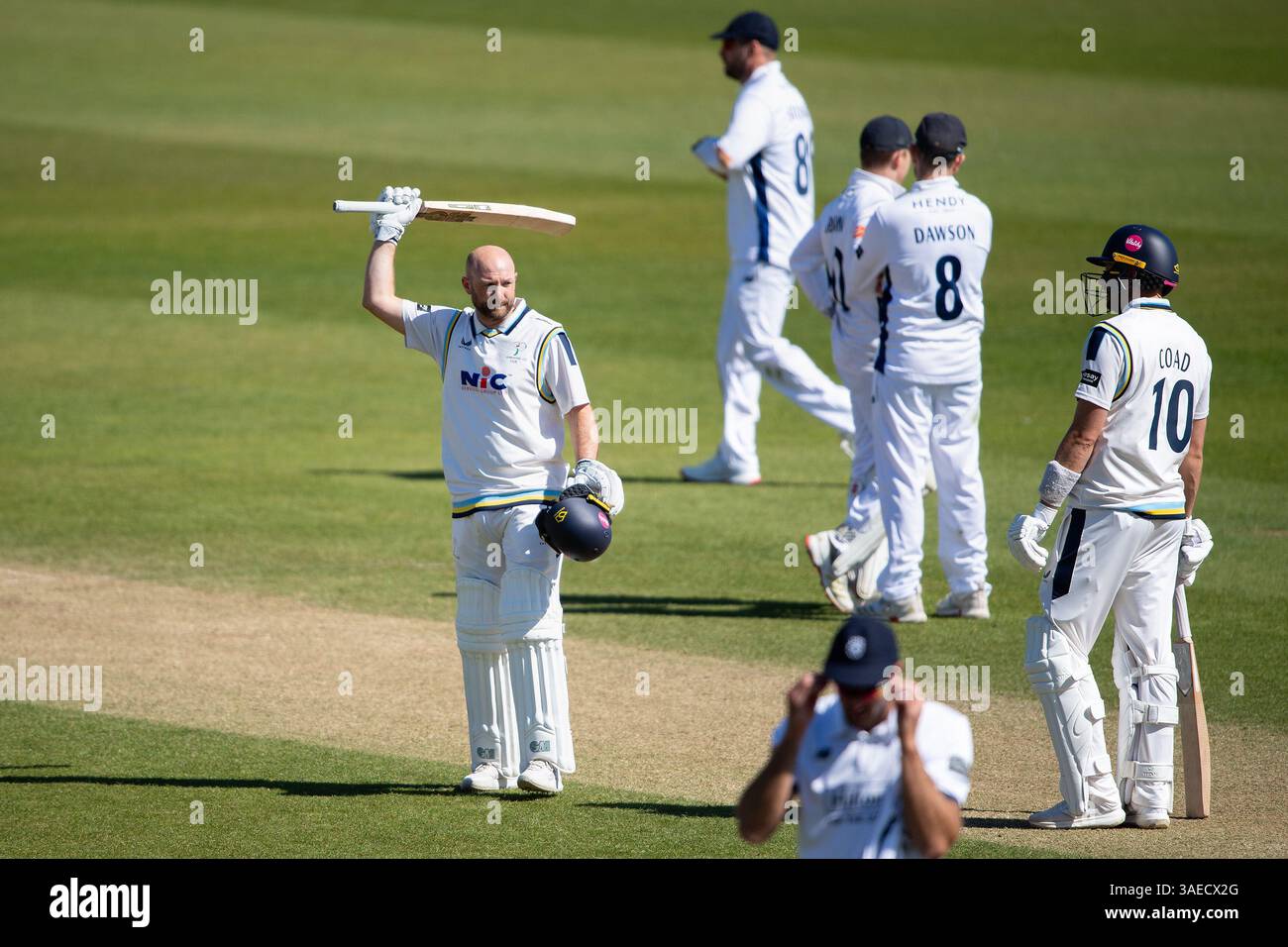 Southampton, UK, 06 April 2025. Adam Lyth of Yorkshire celebrates ...