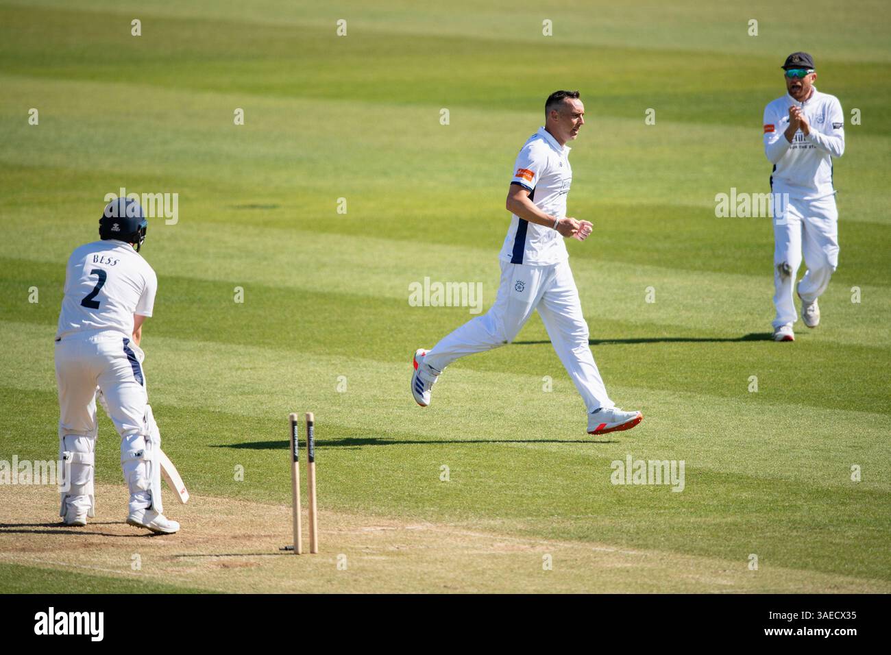 Southampton, UK, 06 April 2025. Kyle Abbott of Hampshire celebrate the ...
