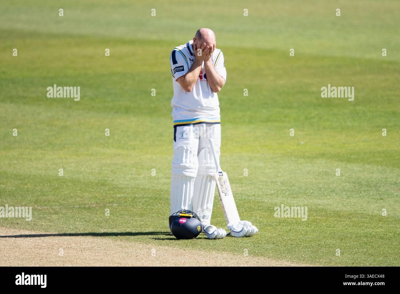 Southampton, UK, 06 April 2025. Adam Lyth of Yorkshire with his head in ...