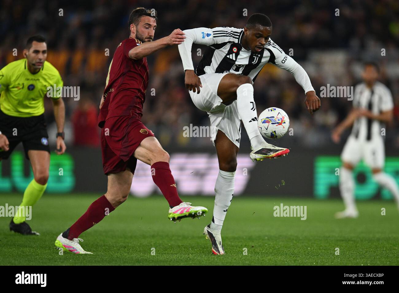 Rome, Italy. 06th Apr, 2025. Bryan Cristante of A.S. Roma and Pierre ...