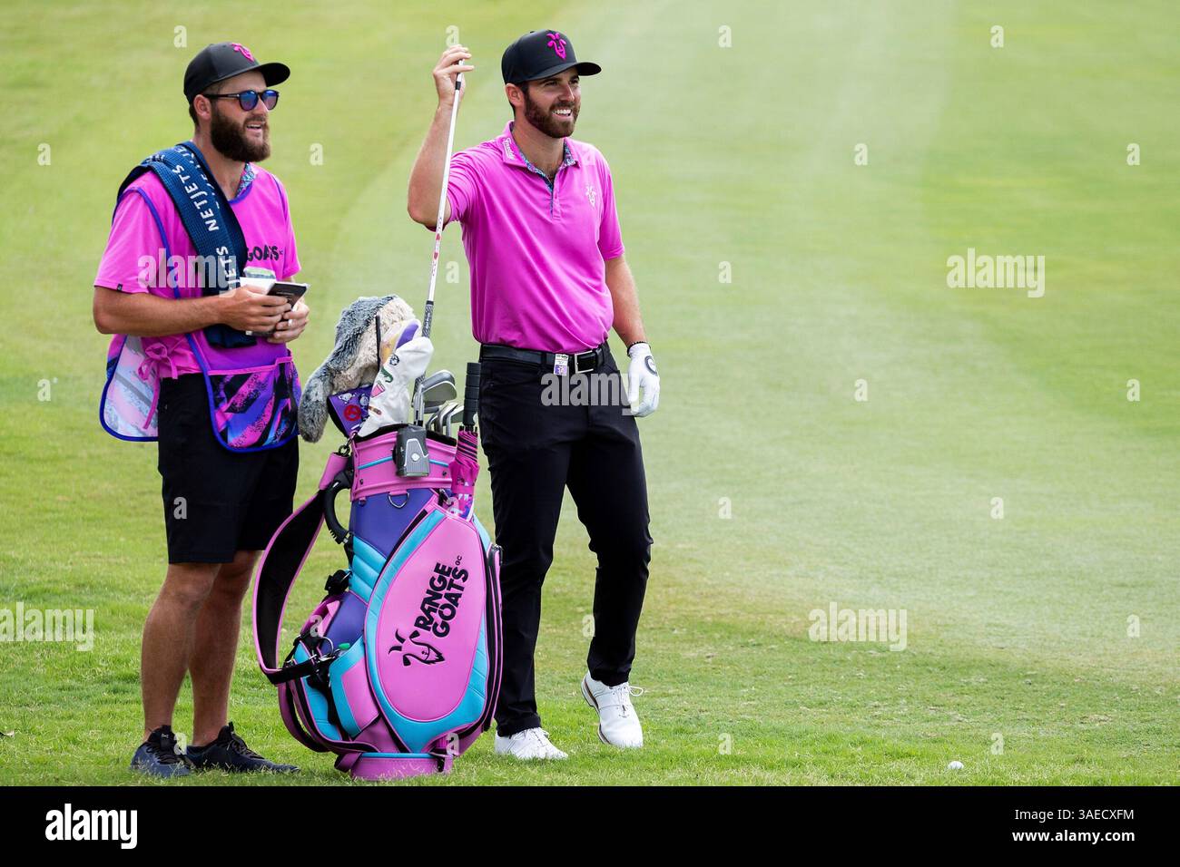 Matthew Wolff of RangeGoats GC and caddie, Nick Heinen, seen during the ...