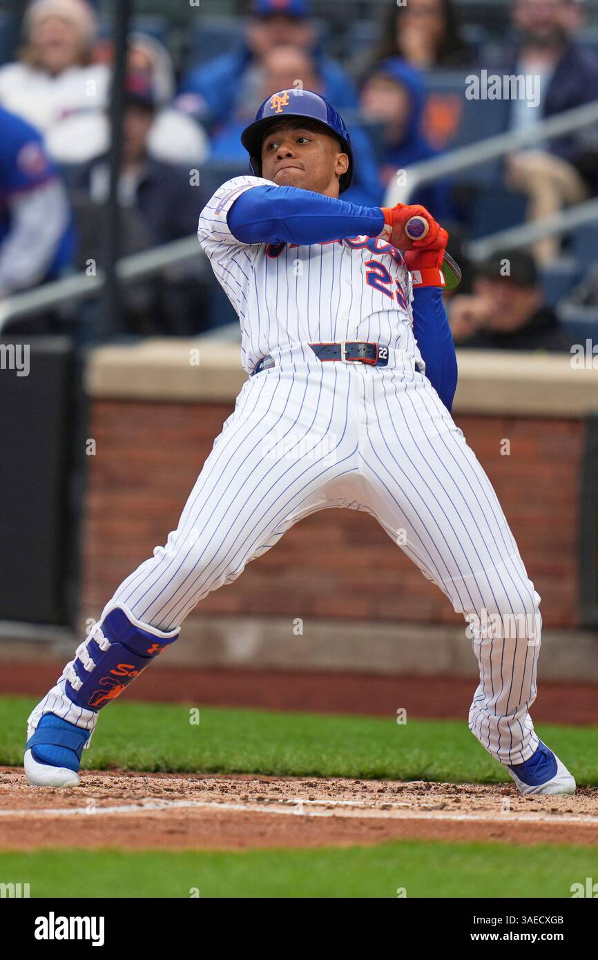 New York Mets' Juan Soto leans away from an inside pitch during the ...