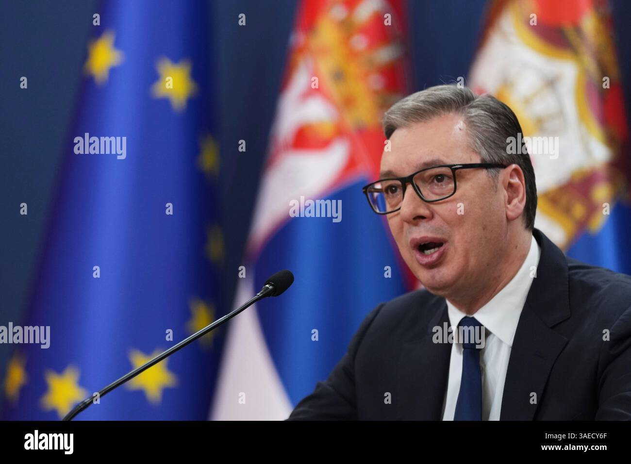 Serbian President Aleksandar Vucic speaks during a public address and ...