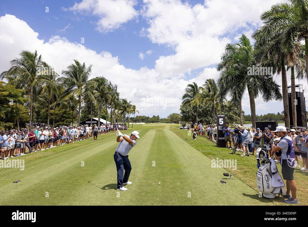 Patrick Reed of 4Aces GC hits his shot from the fifth tee during the ...