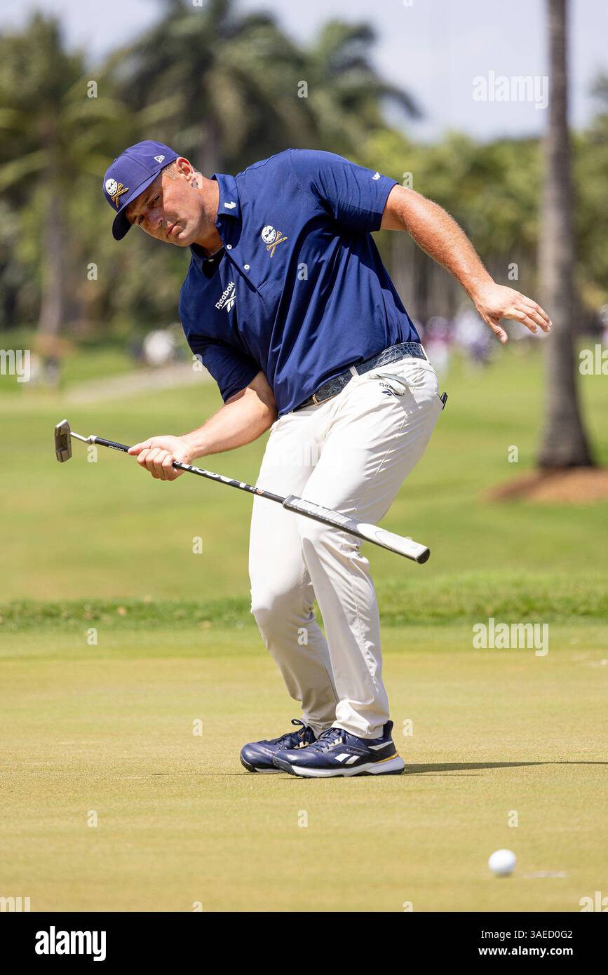 Captain Bryson DeChambeau of Crushers GC reacts after missing a putt ...