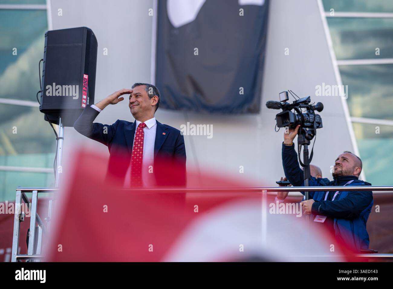 The re-elected CHP Chairman Özgür Özel greets the party members during ...