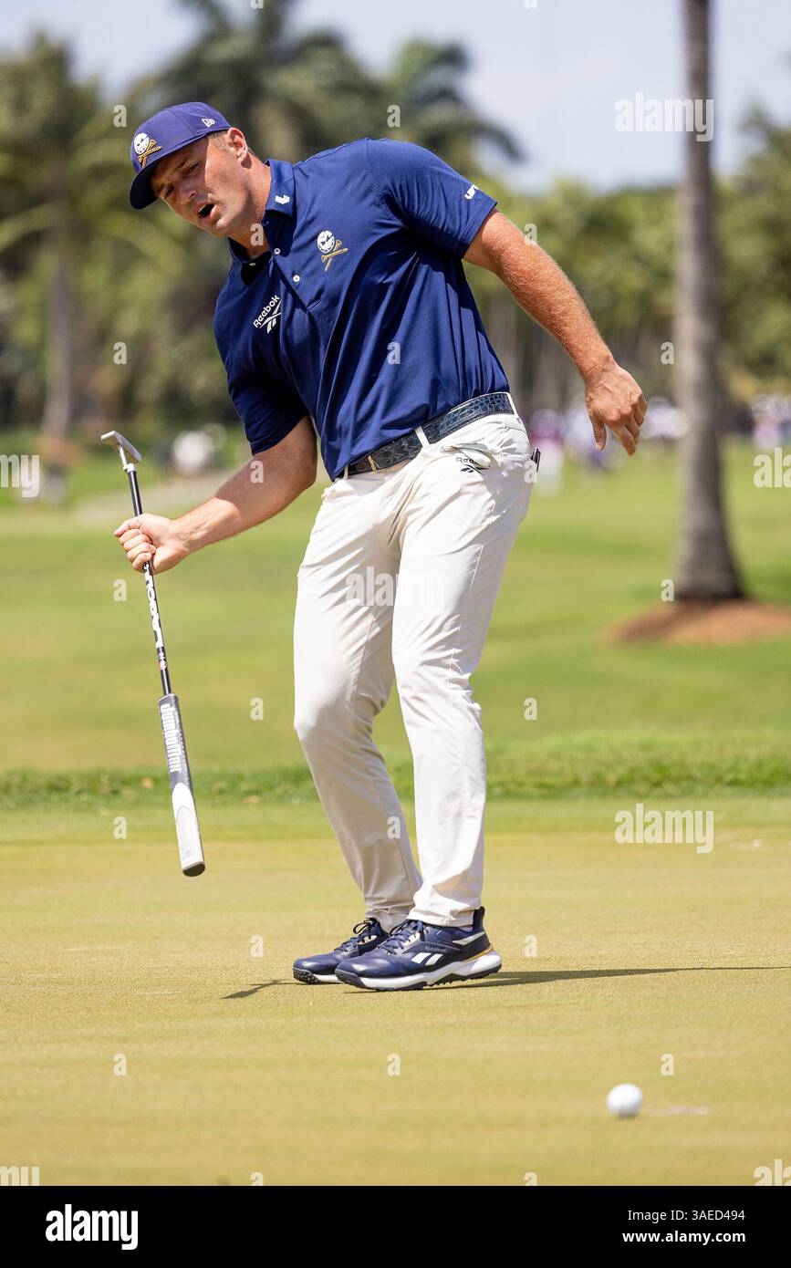 Captain Bryson DeChambeau of Crushers GC reacts after missing a putt ...