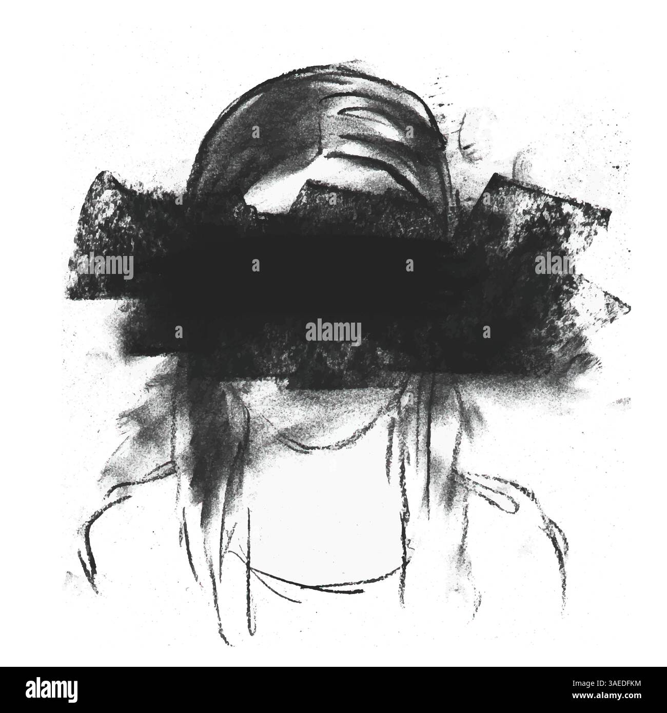 Emotional Charcoal Sketch of a Distressed Woman with Eyes Obscured by a ...