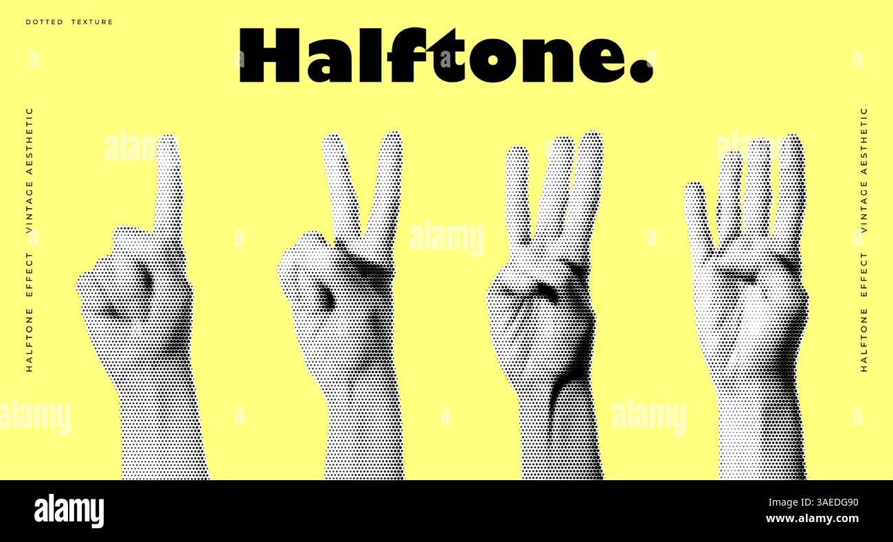 Halftone Effect Illustration of Four Hands Showing Different Finger ...
