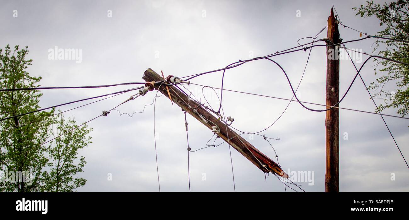 A utility pole is shown snapped at the top along Bainbridge Road ...