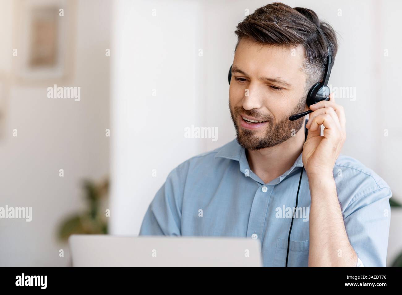 Hotline Operator. Portrait Of Call-Center Employee Wearing Headset At Workplace In Office Stock ...