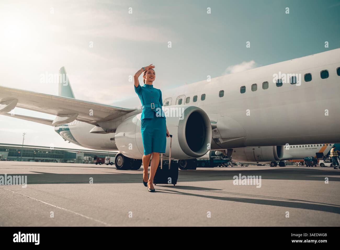 The Airline Stewardess Welcomes Passengers with a Warm Smile at the ...