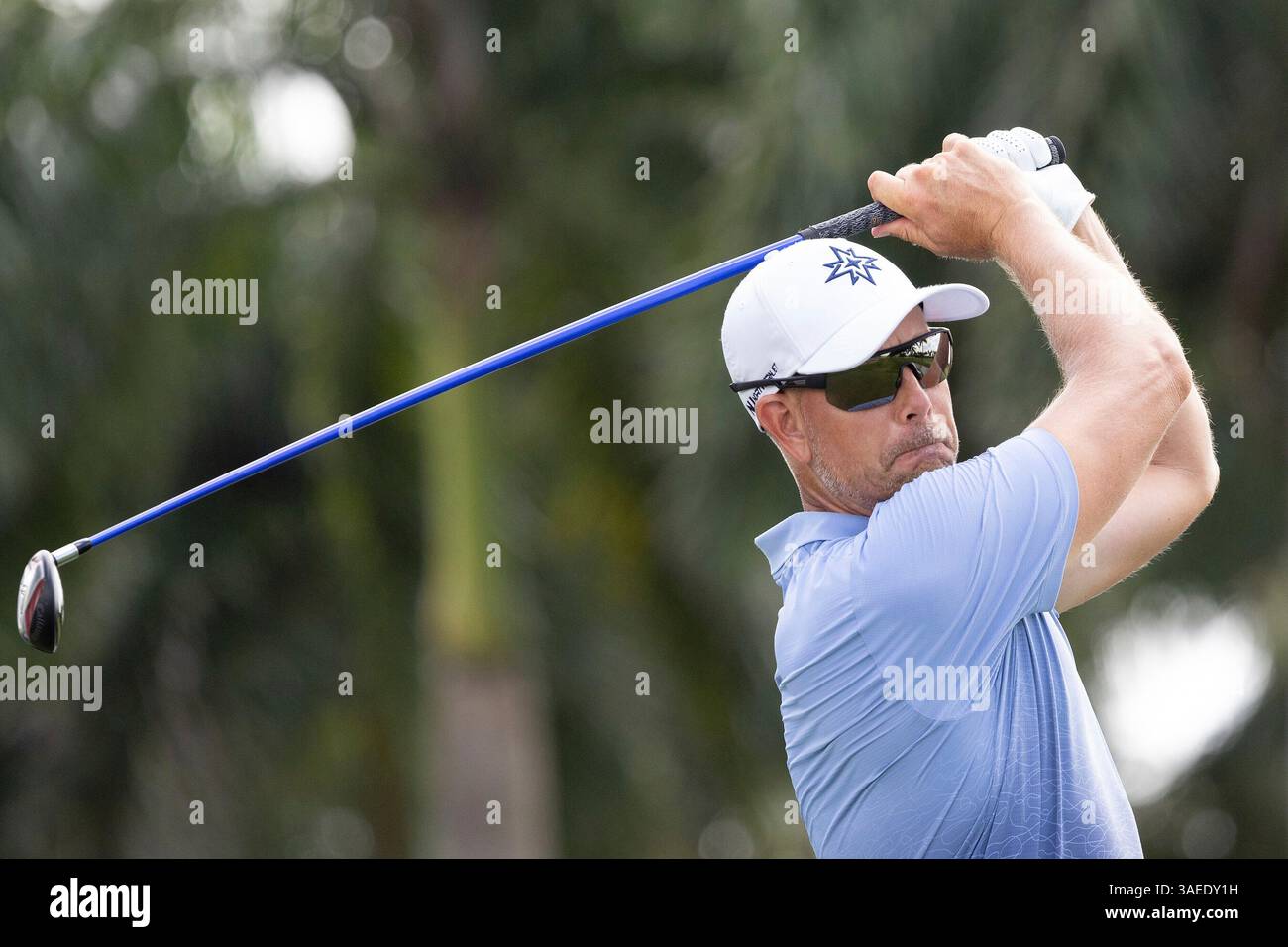 Co-Captain Henrik Stenson of Majesticks GC hits his shot from the ...