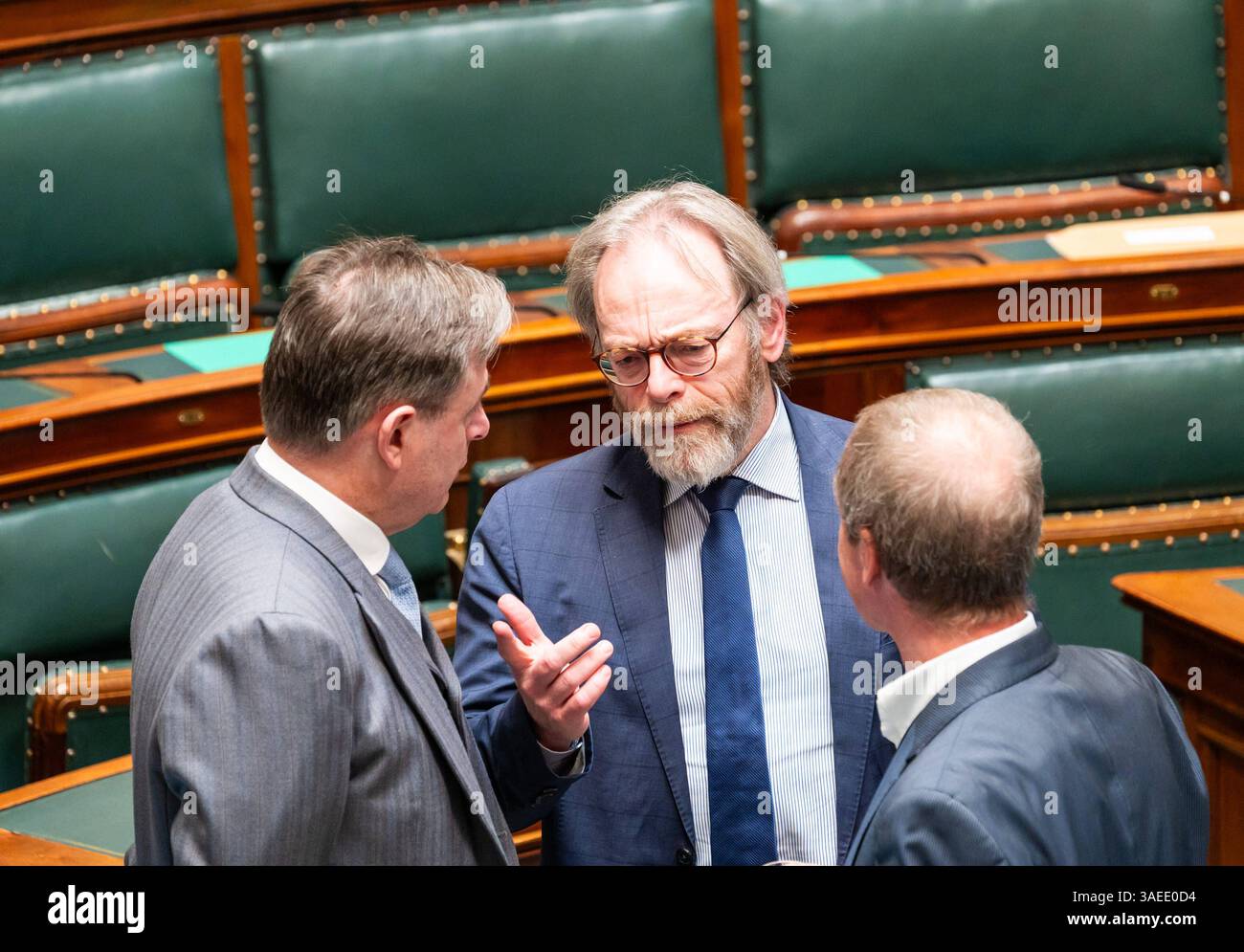 Prime minister Bart De Wever, Peter De Roover and Jan Bertels at the ...