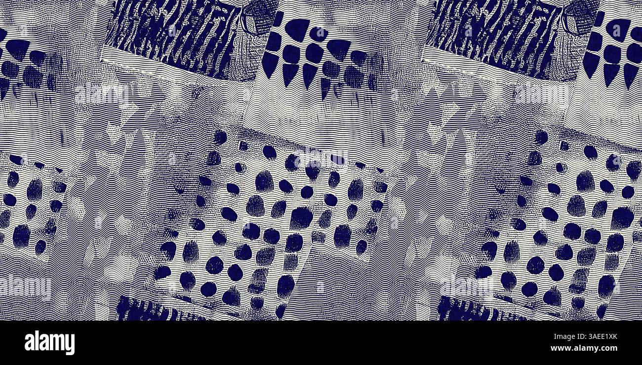Seamless indigo blue woven grunge dye border pattern. Irregular boro ...