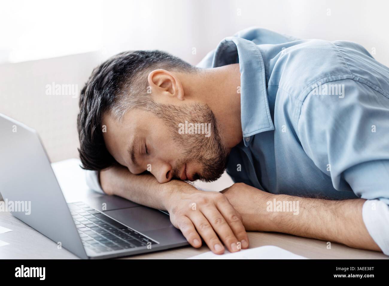 Sleep At Work. Exhausted overworked man employee napping at workplace ...