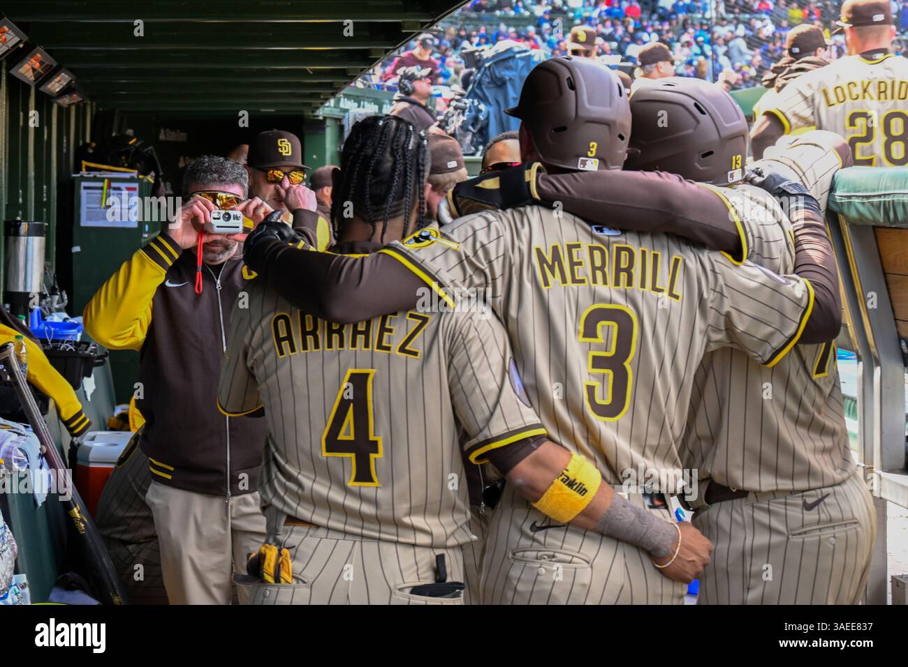 San Diego Padres' Jackson Merrill (3) and teammates pose for a photo in ...