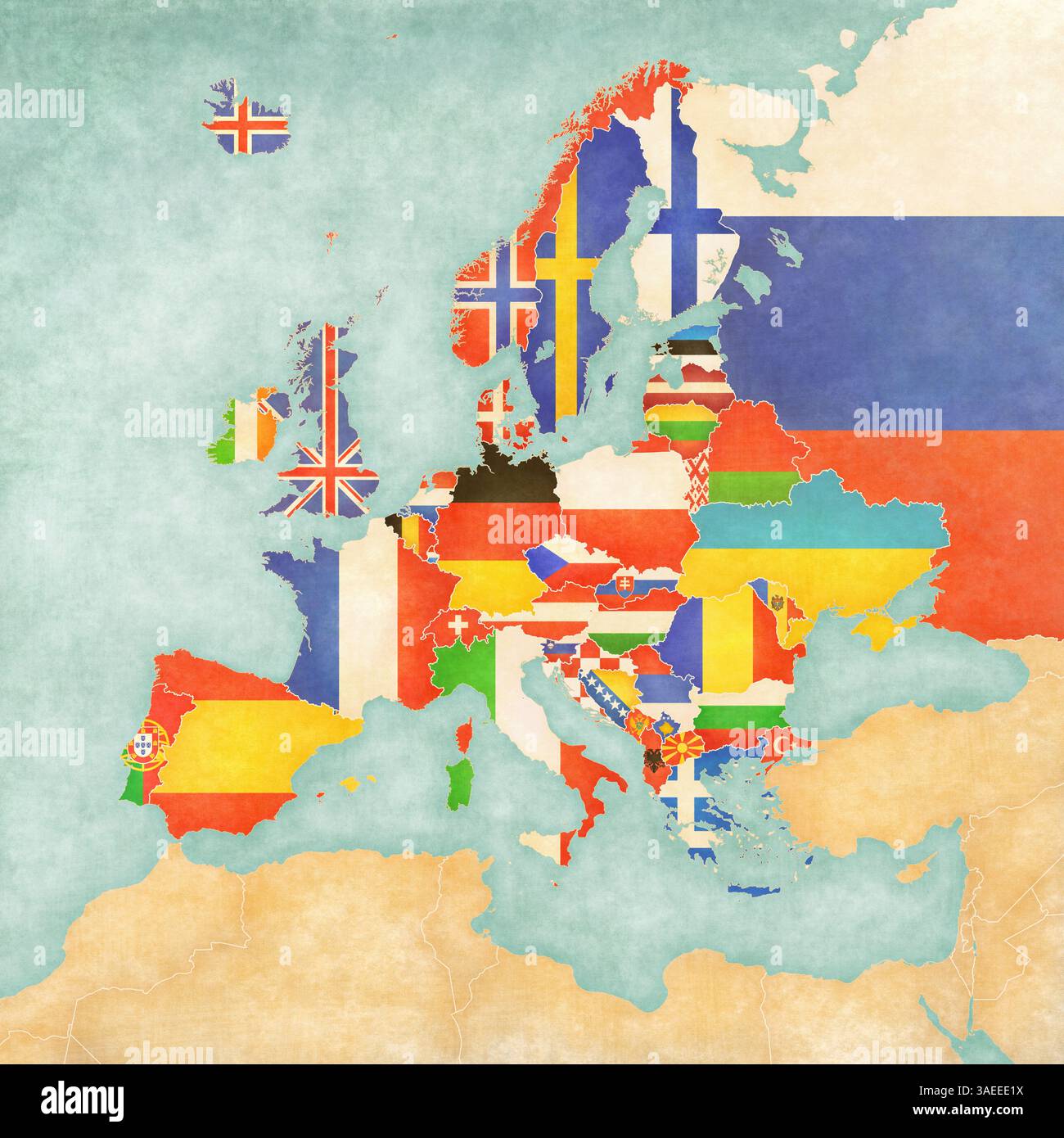 Flags of all countries on the map of Europe in soft grunge and vintage ...