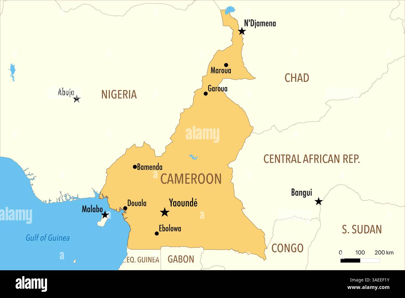 Map of Cameroon with Major Cities and Neighboring Countries Stock Photo ...
