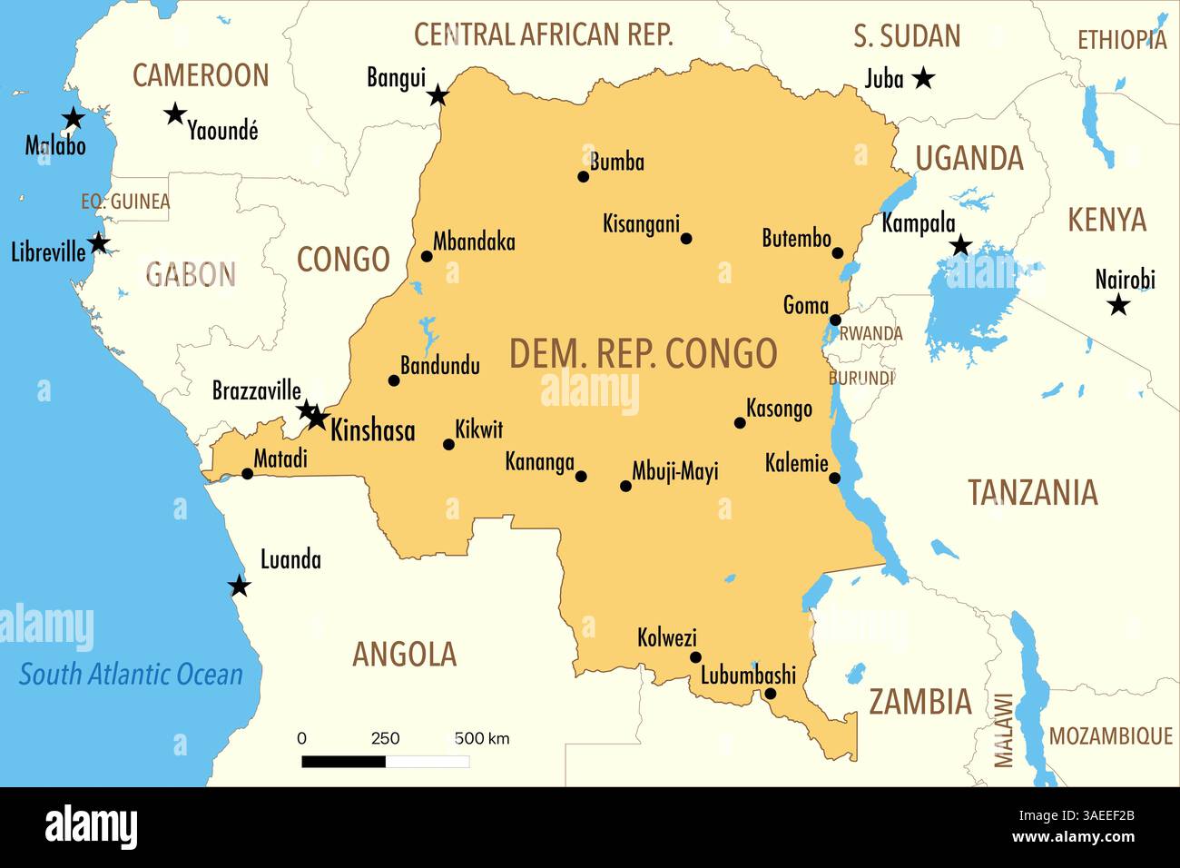 Map of the Democratic Republic of Congo with Major Cities and ...