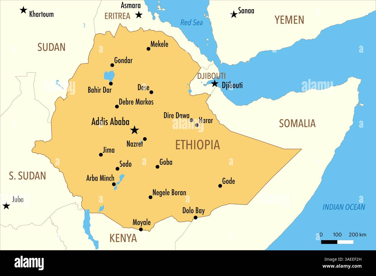 Map of Ethiopia with Major Cities and Neighboring Countries Stock Photo ...